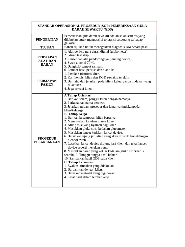 Standar Operasional Prosedur (Sop) Pemeriksaan Gula Darah Sewaktu (GDS) Pengertian Tujuan ...
