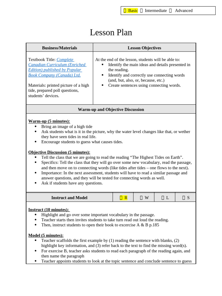 ESL Lesson Plan Reading & Writing For Beginners | PDF | Sentence ...