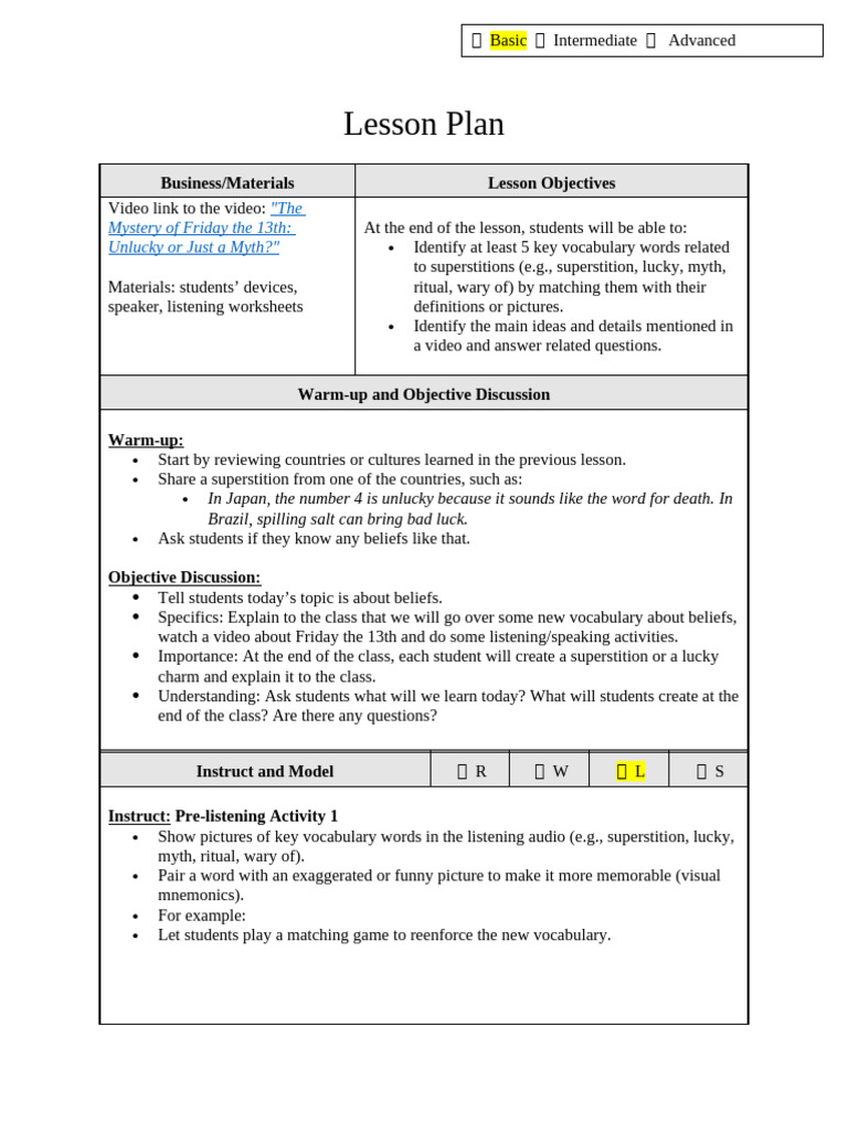 ESL Lesson Plan Listening & Speaking For Beginners | PDF ...