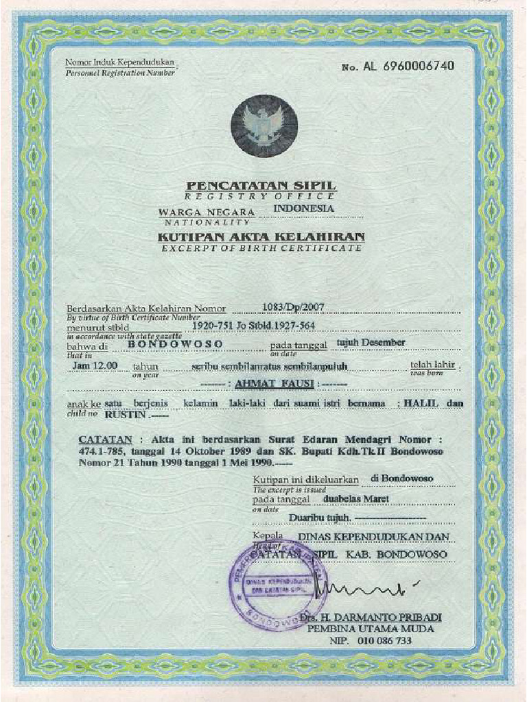 Pjok - Ahmat Fausi - Scan Akte Kelahiran | PDF