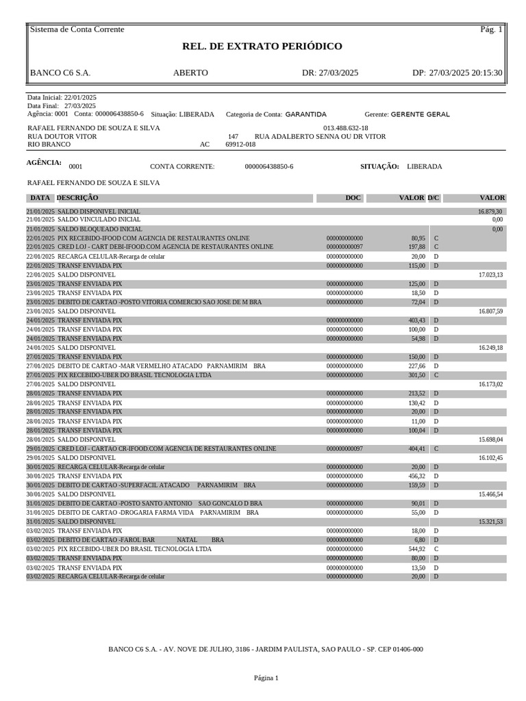 Extrato Conta Corrente Banco C6 | PDF | Finanças pessoais | Business