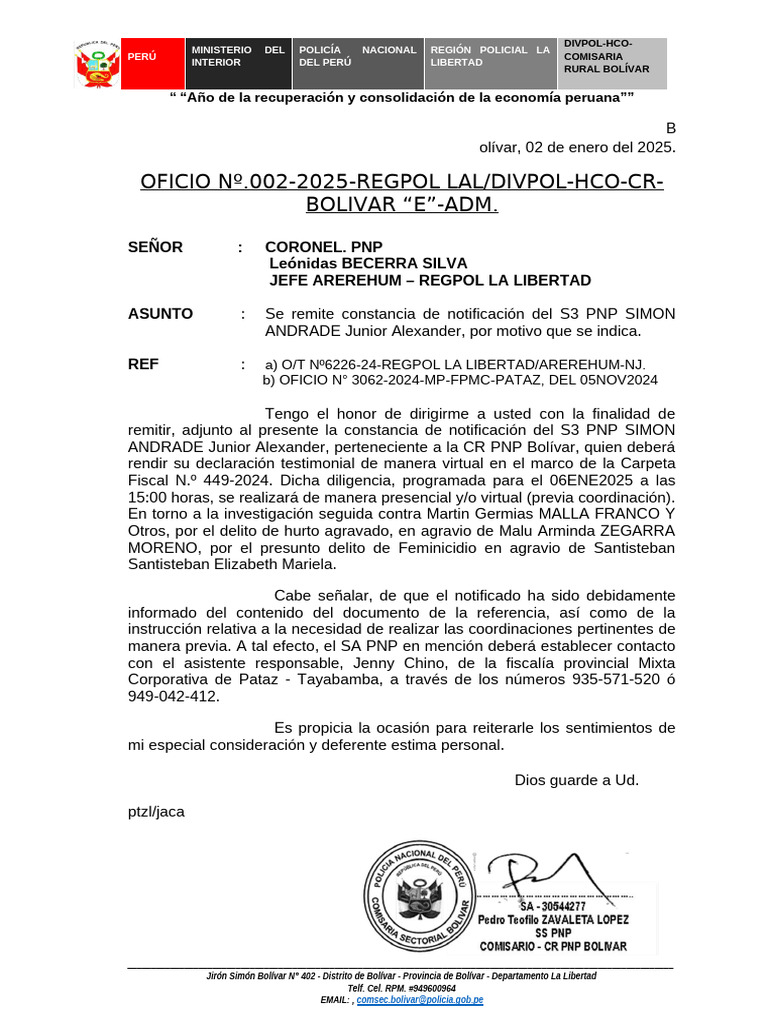 Oficio 002 - Regpol - Ll-Divpo - Hco-Cr - Pnp.bolivar - Remite Constancia de Notificacion | PDF ...