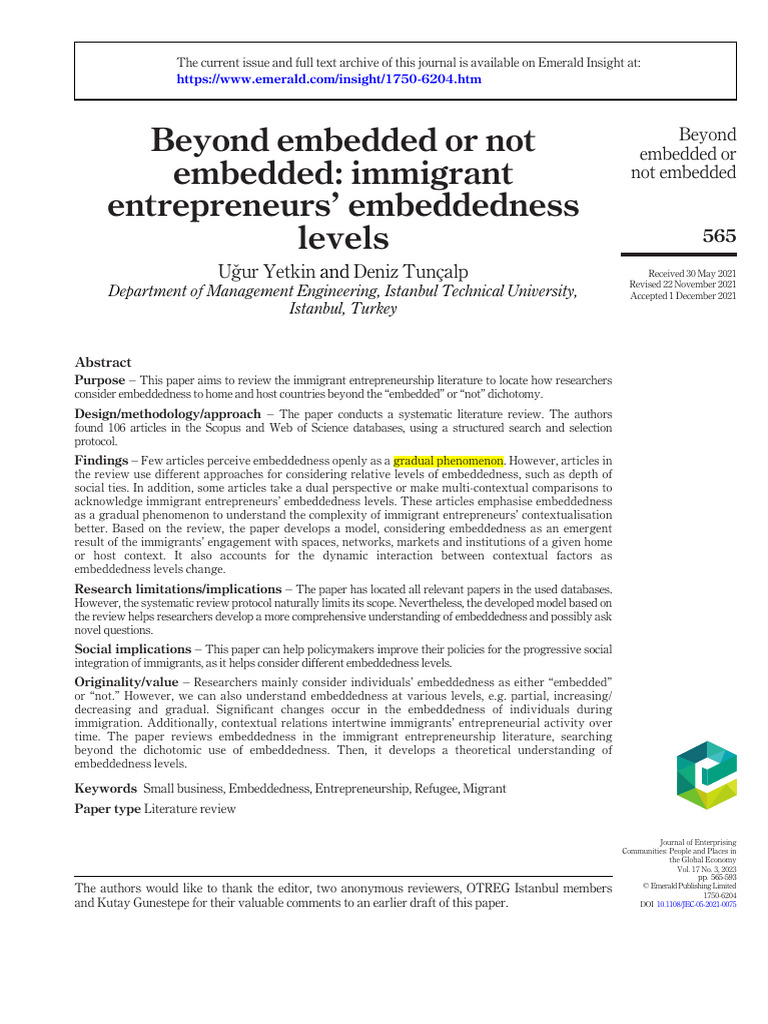 Beyond Embedded or Not Embedded Immigrant Entrepreneurs' Embeddedness ...