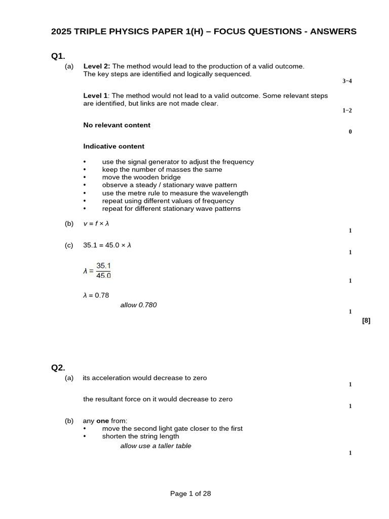 2025 Triple Physics Paper 1 Focus Questions | PDF | Force | Frequency