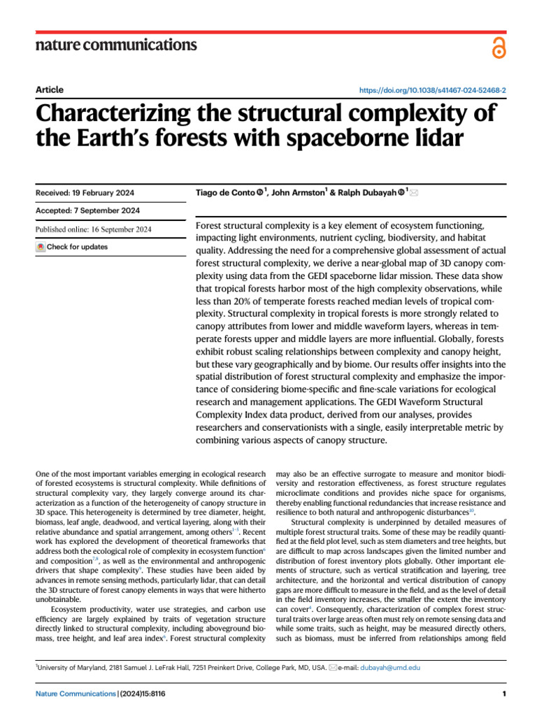 CONTO 2024 - Characterizing The Structural Complexity of The Earth's Forests With Spaceborne ...