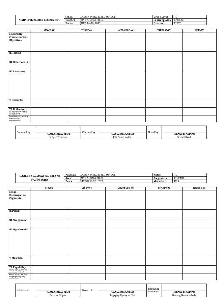 Simplified Daily Lesson Log Template | PDF