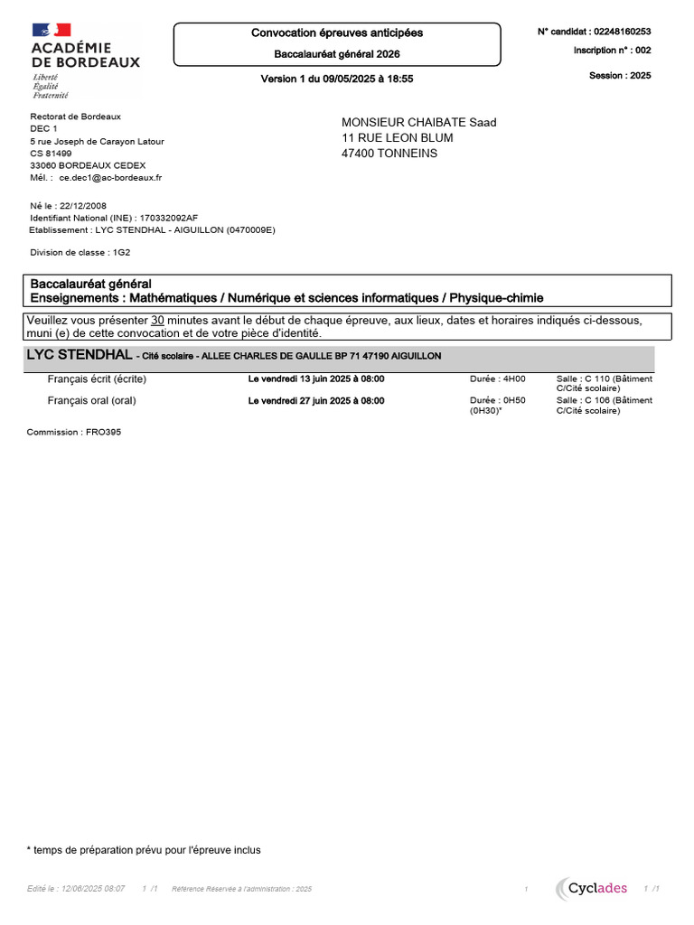 Convocation Baccalauréat 2026 : Épreuves et Infos | PDF | France