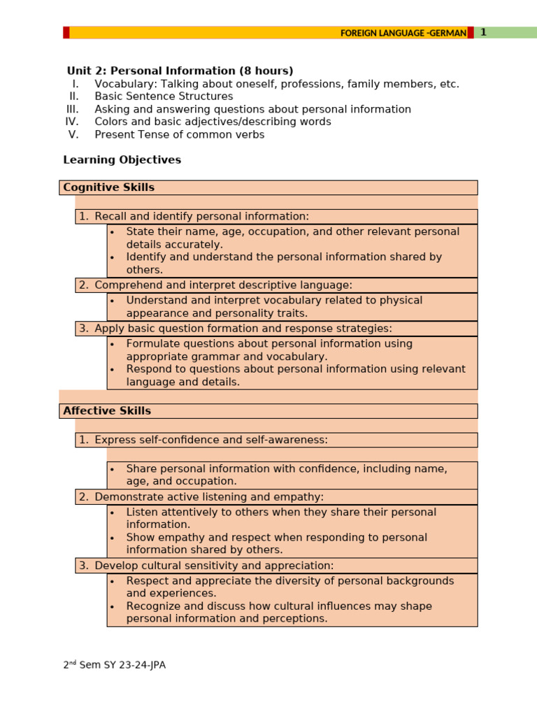 German Personal Information Basics | PDF | Grammatical Gender ...