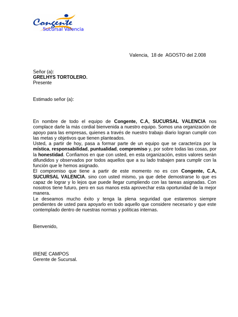 Carta de Bienvenida | PDF