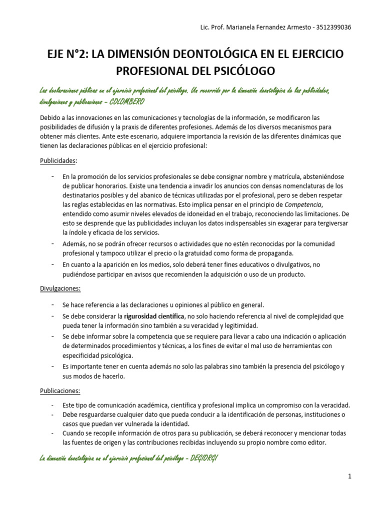 Resumen U2 Deontologia Unc | PDF | Sicología | Psicólogo