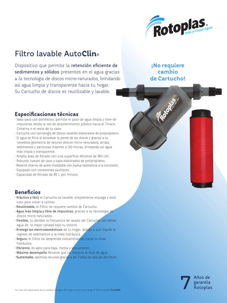 Filtro Lavable AutoClin® de Rotoplas | PDF | Filtración | Agua