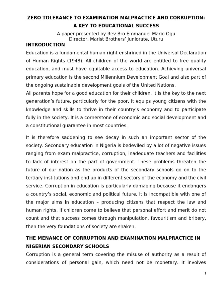 Zero Tolerance To Examination Malpractice and Corruption - 034554 | PDF ...