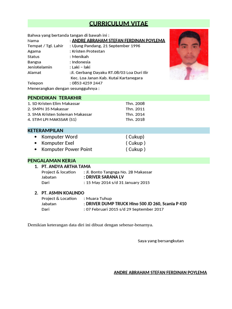Curiculum Vitae Andre Abraham Stefan Ferdinan Poylema | PDF
