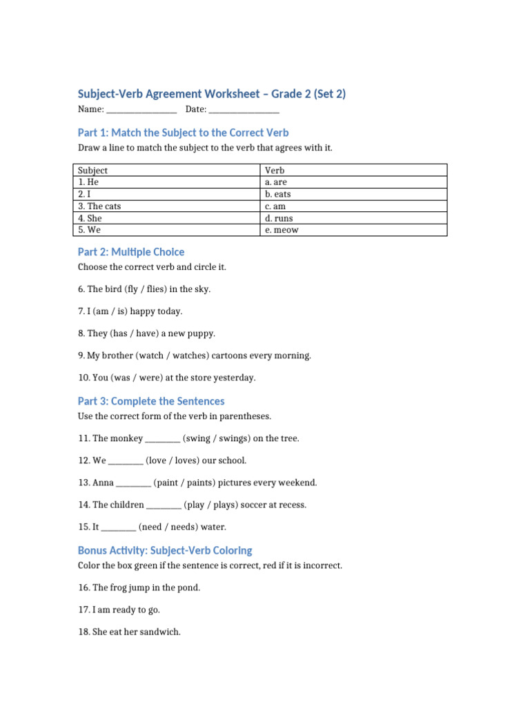 Grade 2 Subject-Verb Agreement Worksheet | PDF