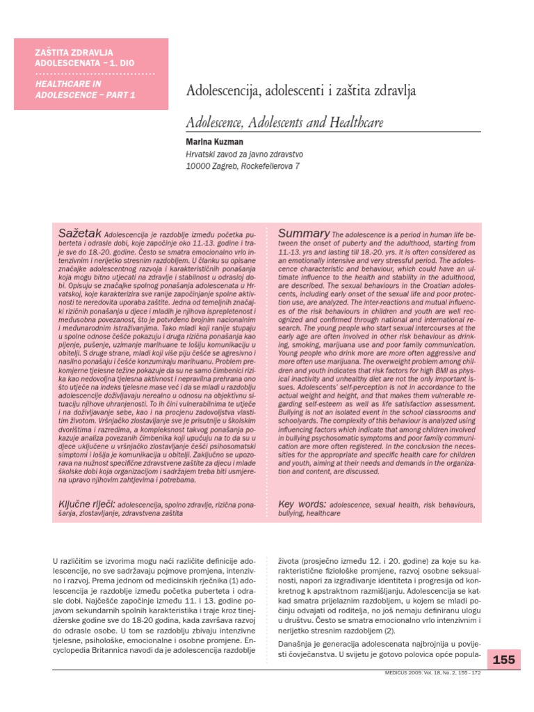Adolescencija Zaštita Zdravlja Kuzman | PDF