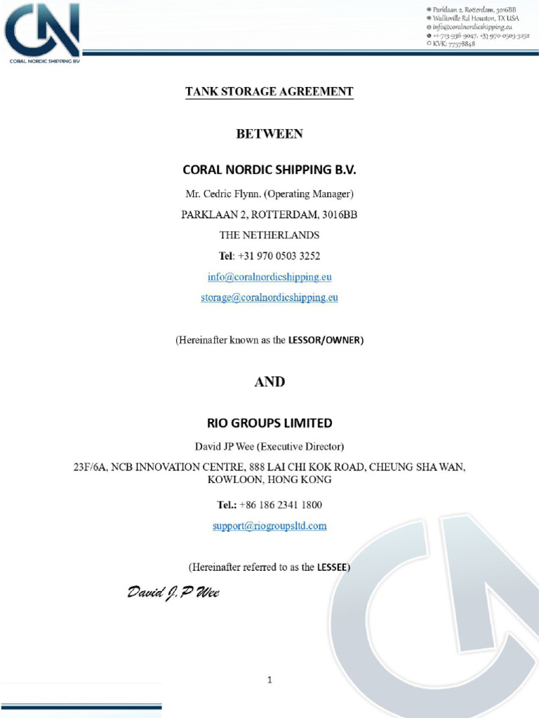 Coral Nordic Shipping Tank Storage Agreement (Tsa) 100,000 MT - En590 ...
