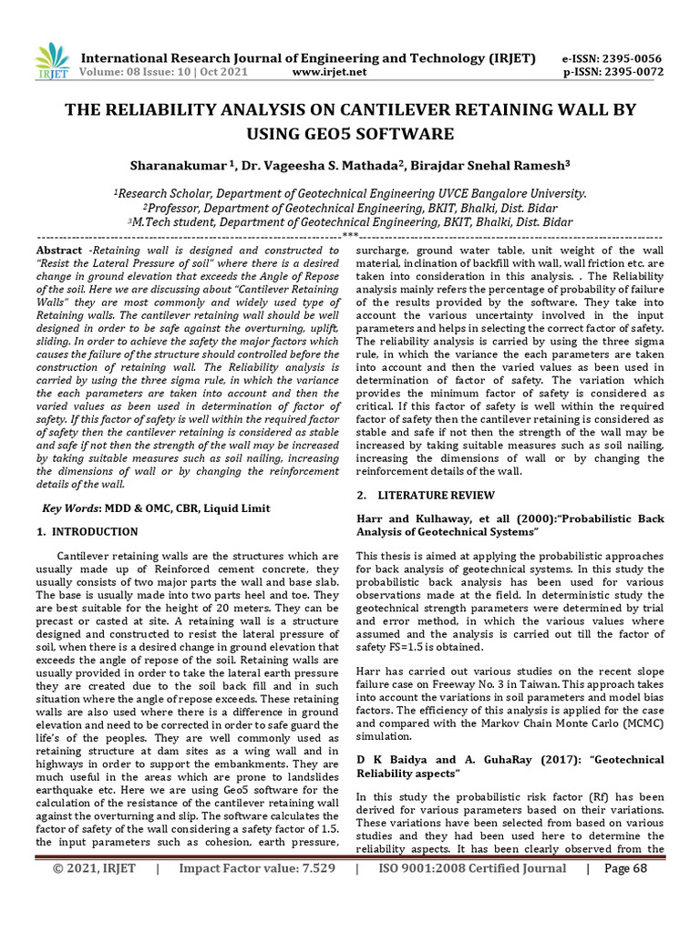 The Reliability Analysis On Cantilever Retaining Wall by Uning Geo5 Software | PDF | Reliability ...