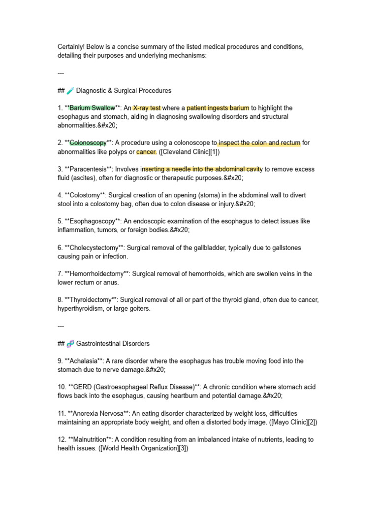 Medical Procedures and Conditions Overview | PDF | Gastrointestinal ...
