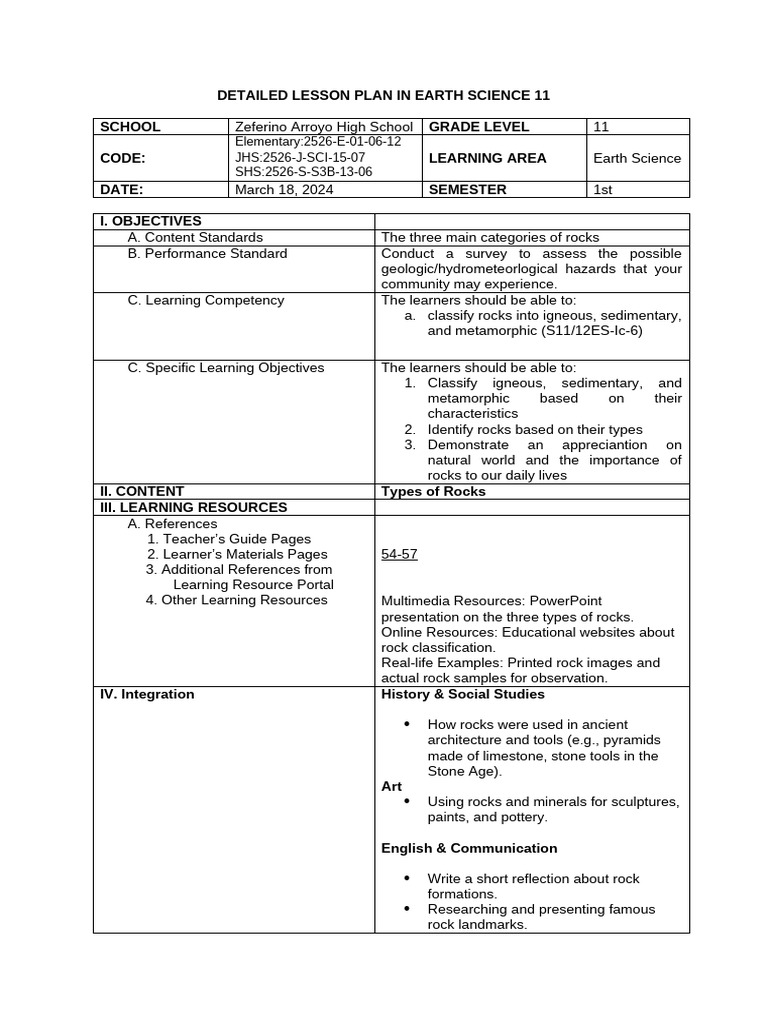 Detailed Lesson Plan in Types of Rocks | PDF | Rock (Geology) | Igneous ...