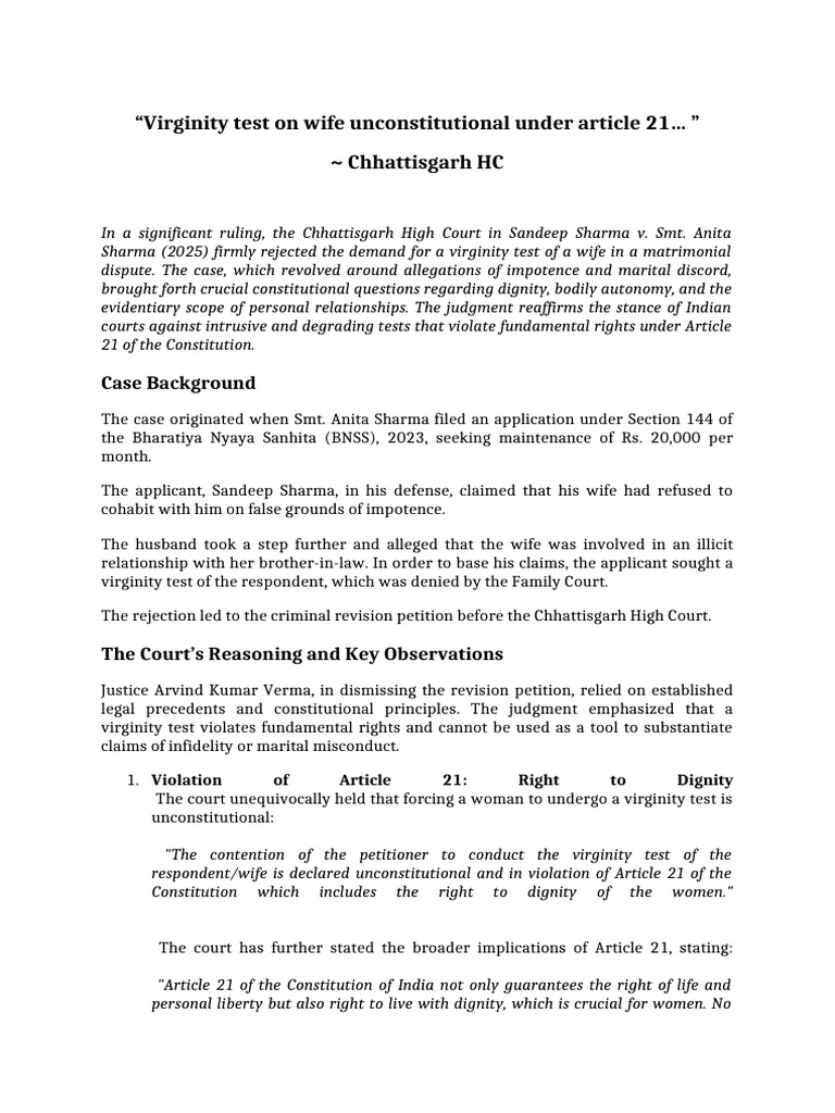 Virginity Test On Wife Unconstitutional Under Article 21 | PDF ...