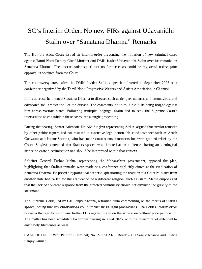 SC's Interim Order - No New FIRs Against Udayanidhi Stalin Over ...