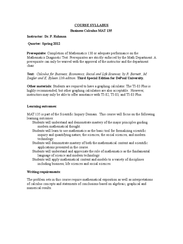 Business Calculus Syllabus and Course Outline | PDF | Derivative | Calculus