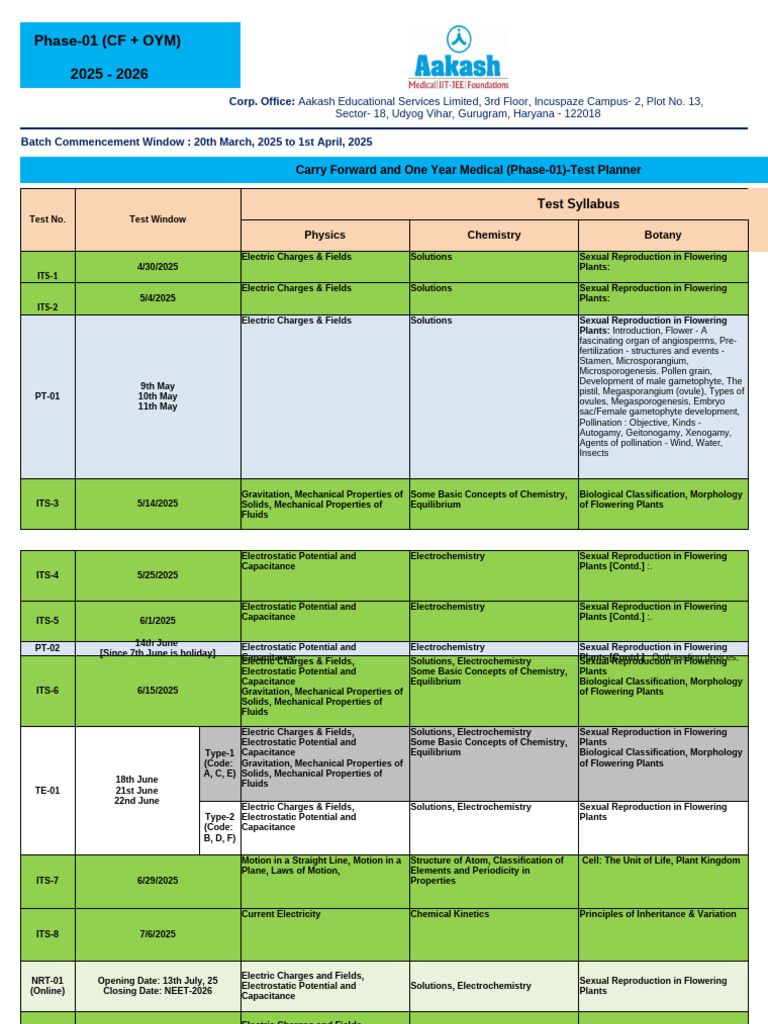 NEET 2025-2026 Test Planner Schedule | PDF | Reproductive System ...
