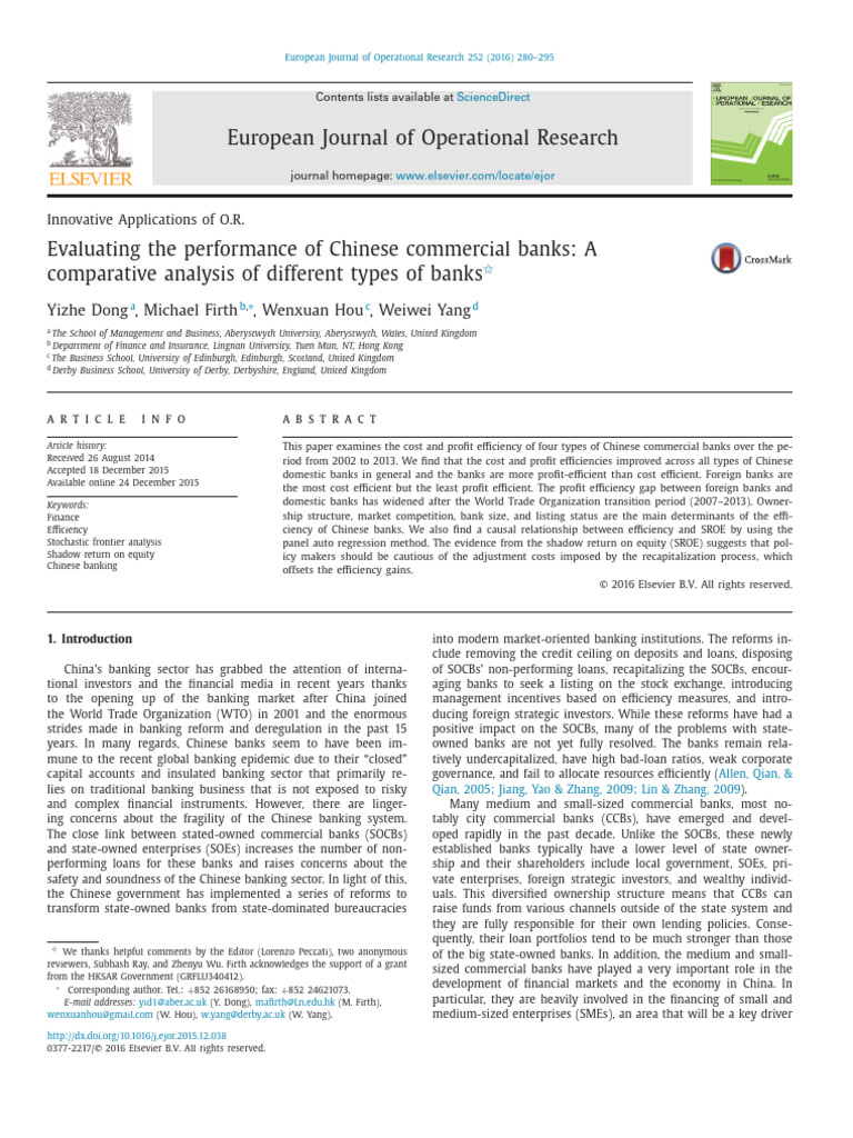 Evaluating The Performance of Chinese Commercial Banks A Comparative ...