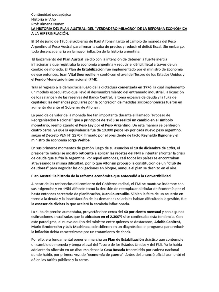 Continuidad Pedagógica 6° Año El Plan Austral | PDF | Inflación | Argentina