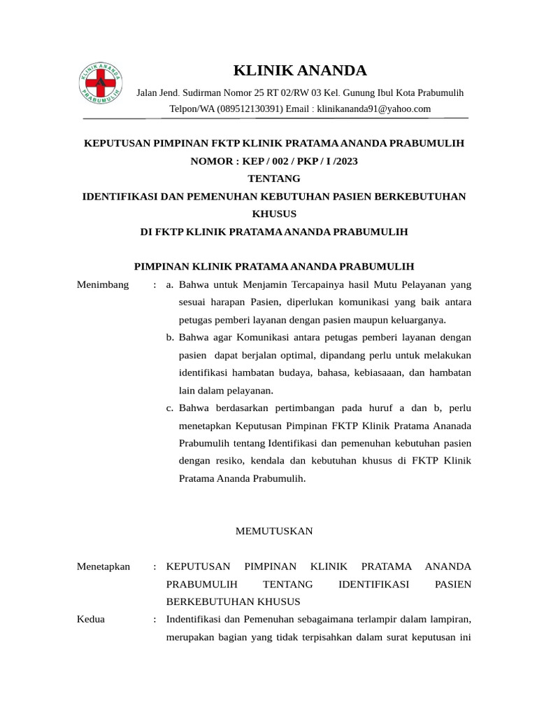 SK Indentifikasi Pasien Berkebutuhan Khusus Edit1 | PDF