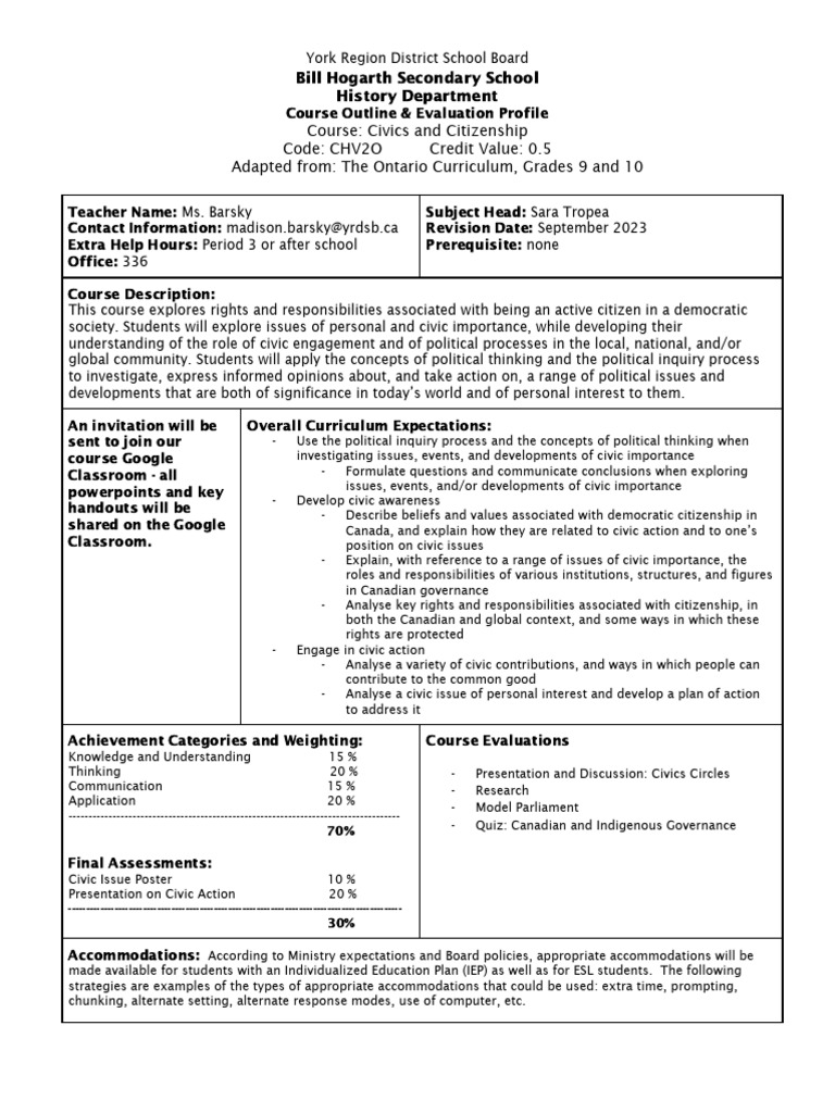 CHV2O Civics Course Outline | PDF | Educational Assessment | Academic ...