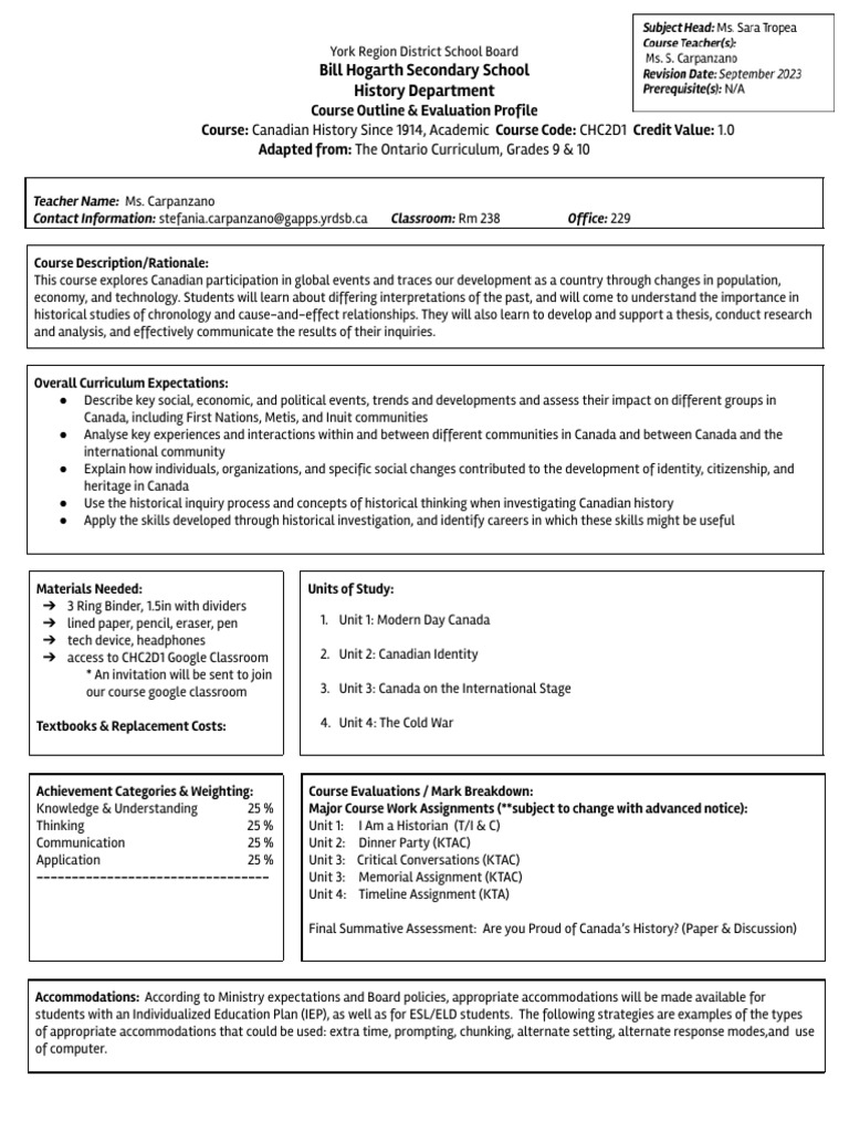 CHC2D 2022-23 Course Outline | PDF | Educational Assessment | Academic ...