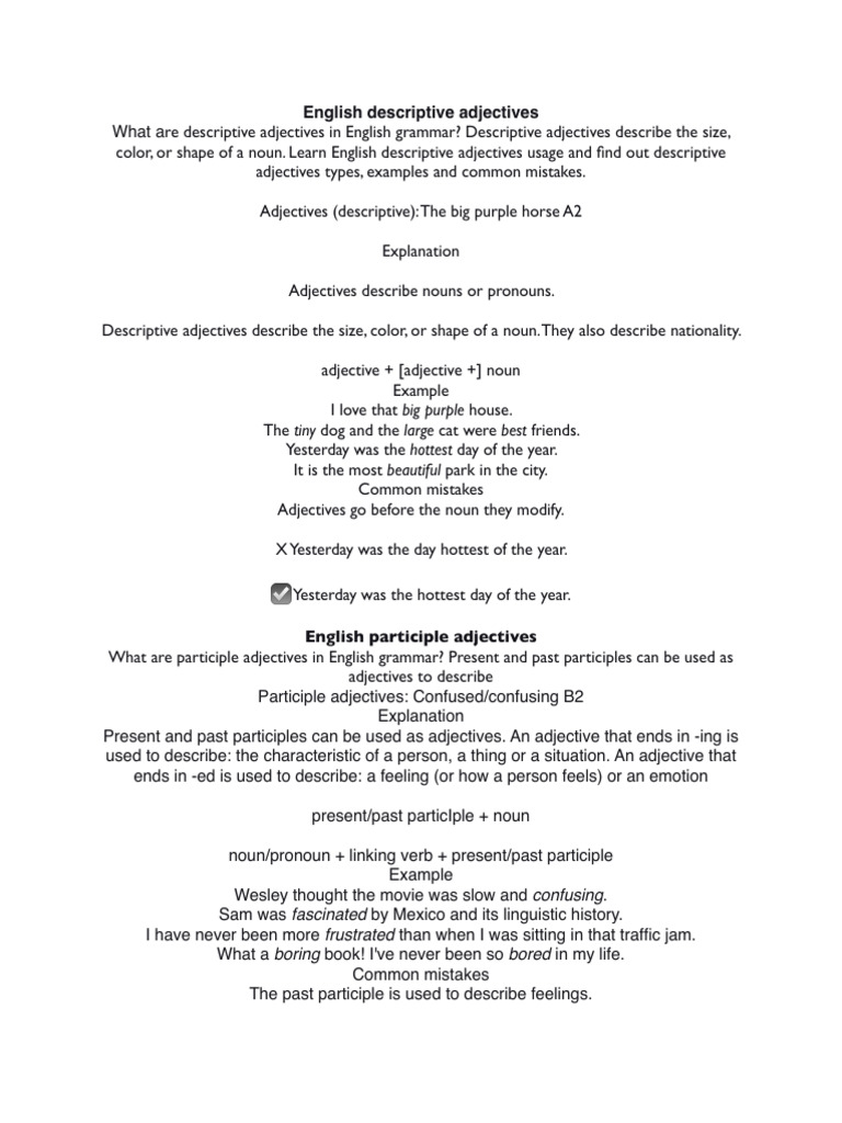 Participle Adjectives and Descriptive Adjectives | PDF | Adjective ...