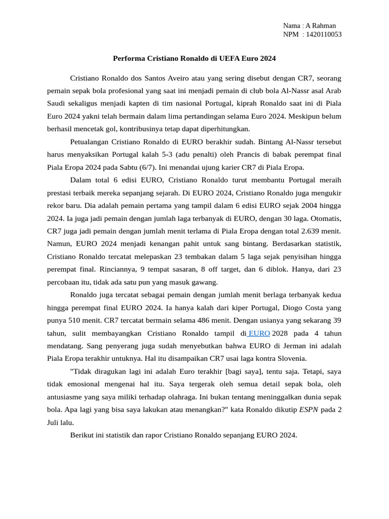Performa Cristiano Ronaldo Di UEFA Euro 2024 | PDF