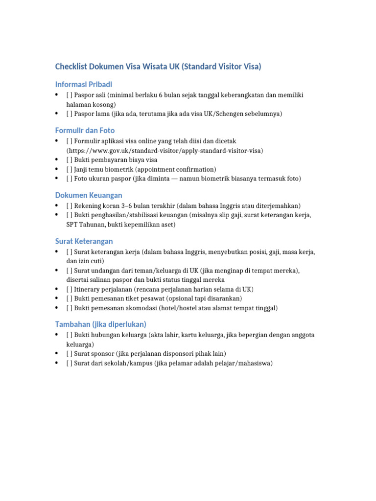 Checklist Visa Wisata UK | PDF