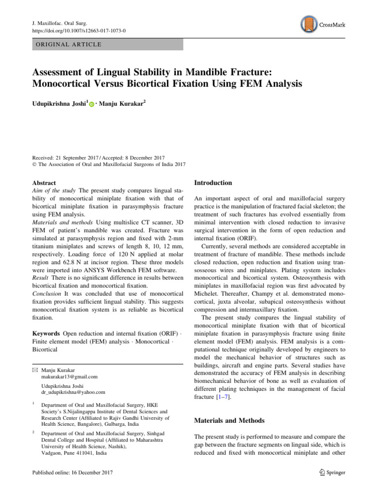 Assessment of Lingual Stability in Mandible Fracture Monocortical Versus Bicortical Fixation ...