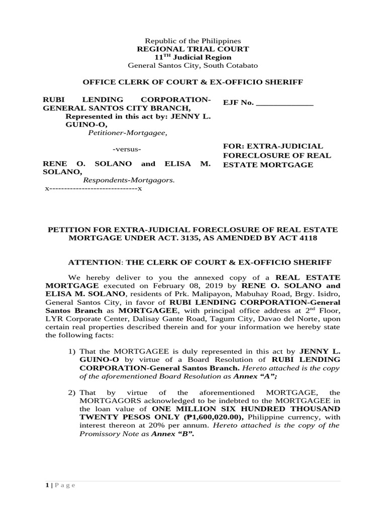 RLC-Gensan v. RENE SOLANO (Foreclosure) | PDF | Mortgage Law | Foreclosure
