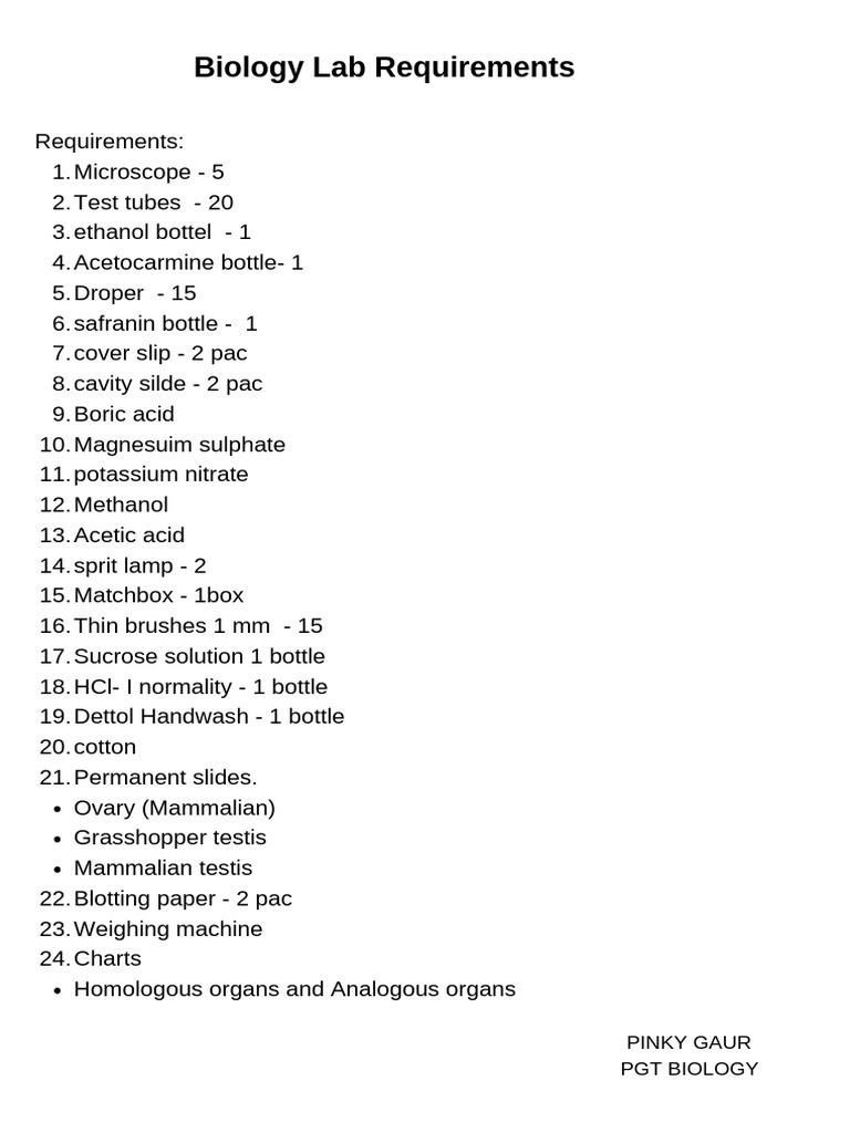 Biology Lab Requirements Requirements | PDF