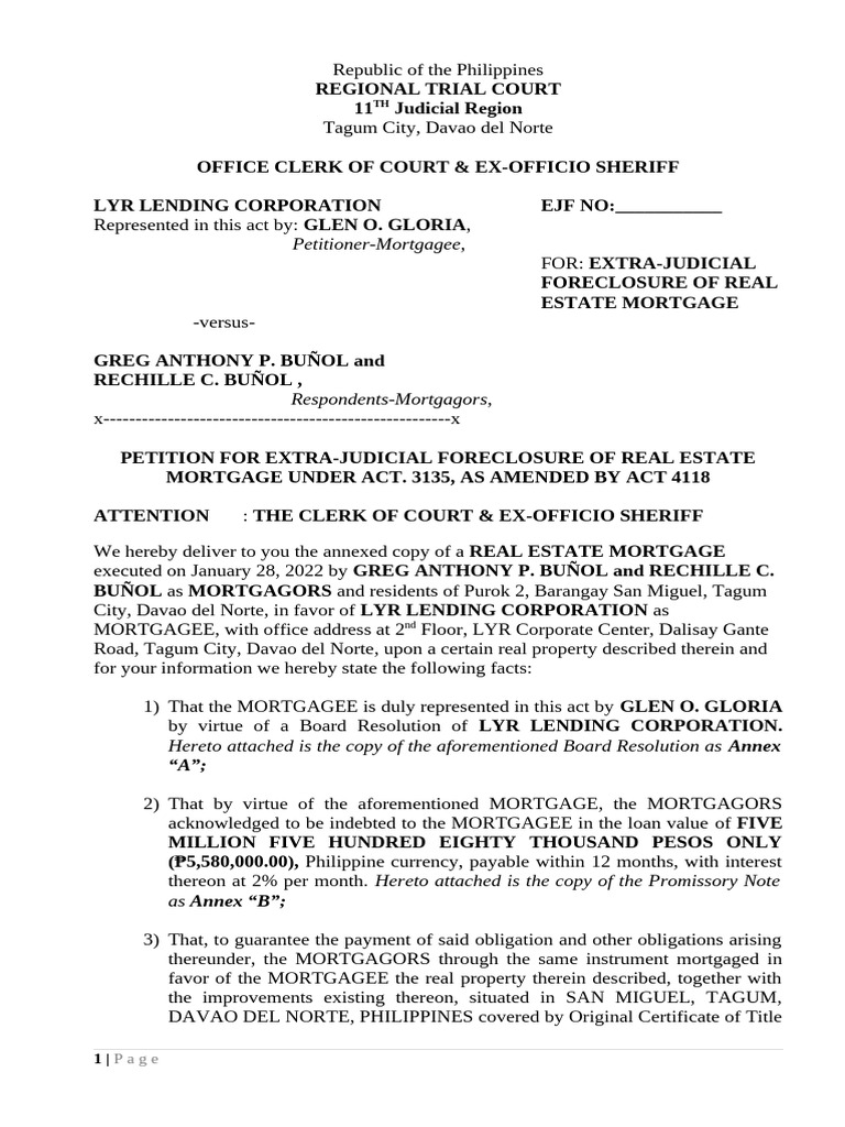 LLC Tagum v. Buñol 4638 4634 4636 - Ejf-Petition | PDF | Mortgage Law | Foreclosure