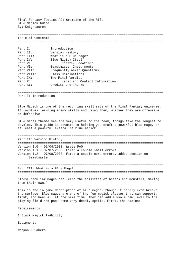 Final Fantasy Tactics A2 - Grimoire of The Rift - Blue Magick FAQ - DS ...