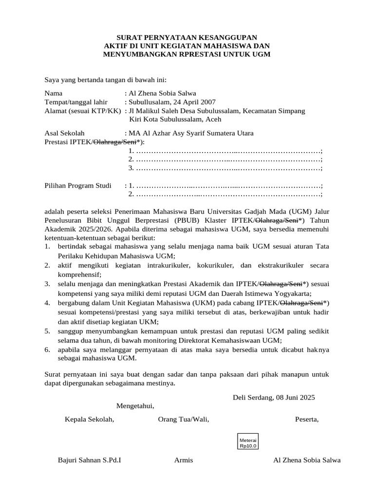PBUB Pernyataan Kesanggupan Aktif Ukm - UGM-2025 | PDF