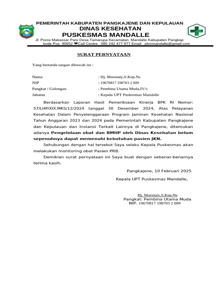 Surat Pernyataan Tambahan BPK | PDF