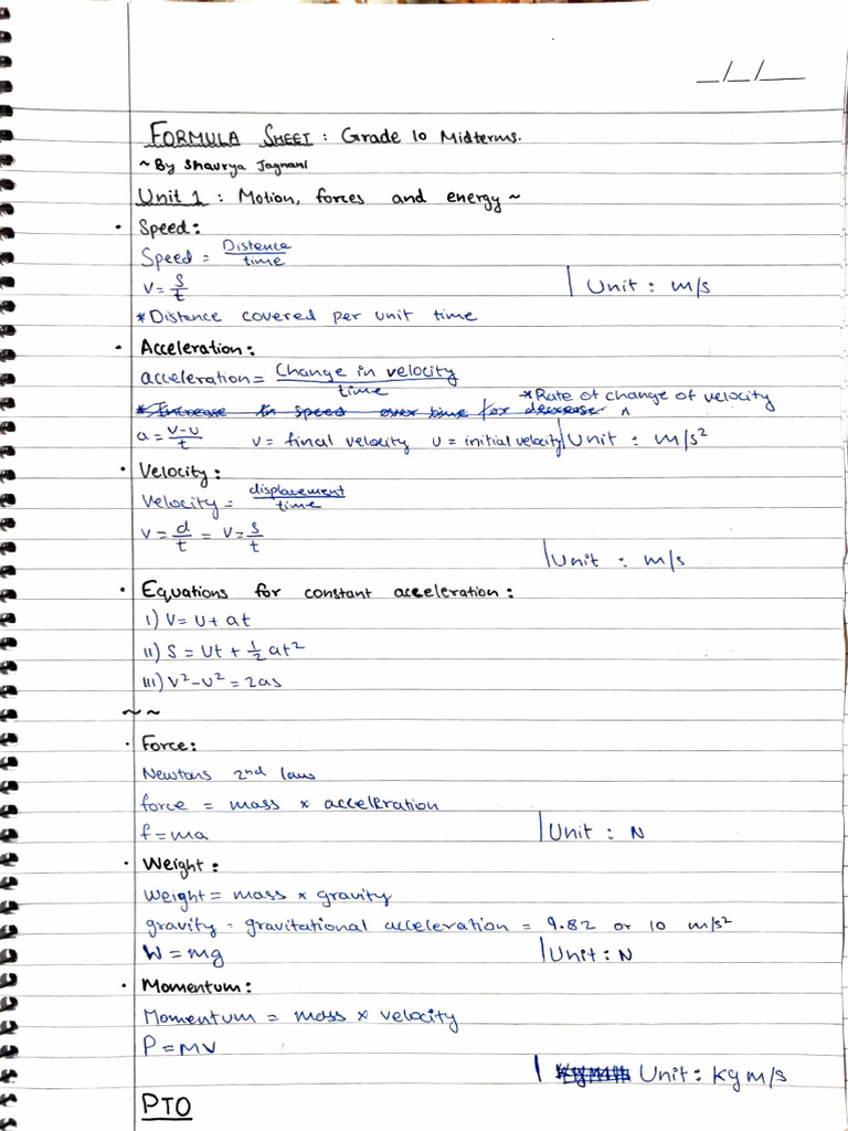 Shaurya 10th Midterms Physics Formula Sheet | PDF | Velocity | Spacetime