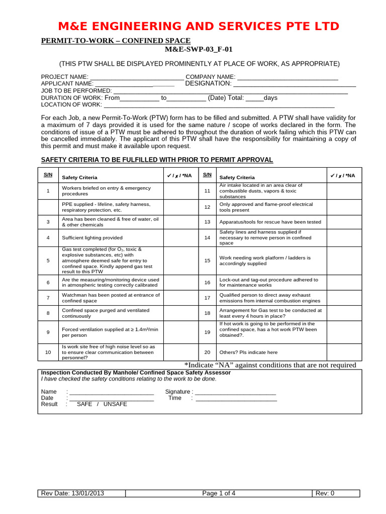 SWP-03 - F-01 PTW For Confined Space | PDF | Occupational Safety And ...