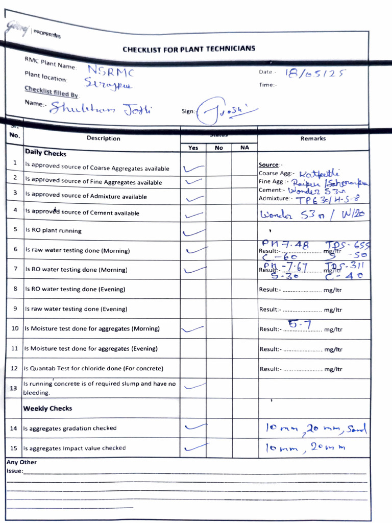 NS RMC Surajpur Plant Checklist 18 May, 2025 | PDF | Concrete ...
