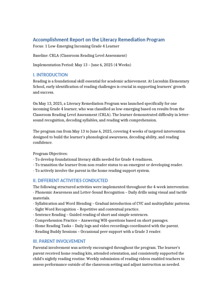 Literacy Remediation Accomplishment Report | PDF | Reading ...
