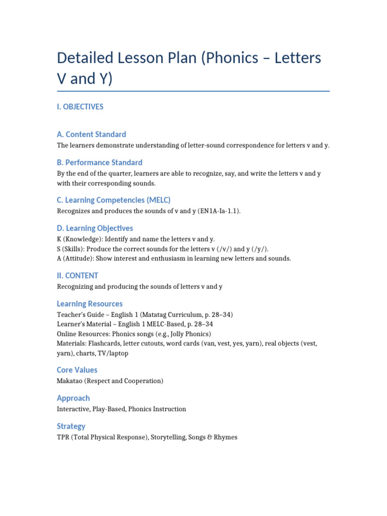 Phonics Lesson Plan: Letters V and Y | PDF | Phonics | Learning