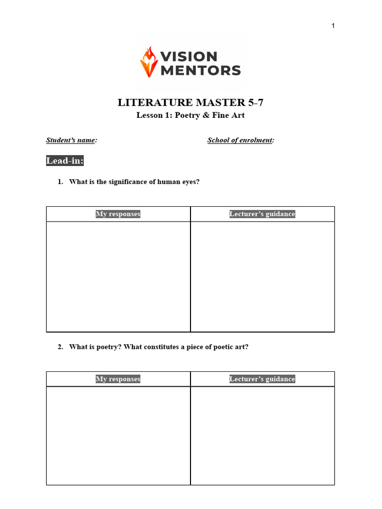 Worksheet - Literature Master 5-7 | PDF | Poetry