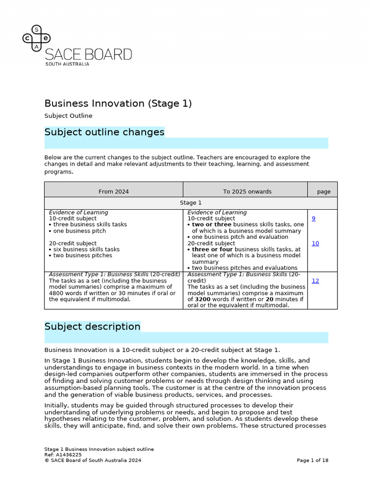 Stage 1 Business Innovation Subject Outline | PDF | Small Business ...