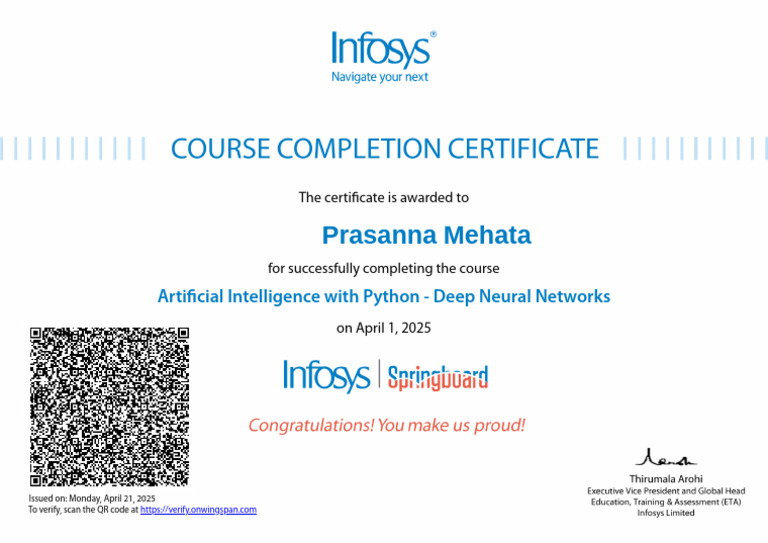 Prasanna Mehata: Arti Cial Intelligence With Python - Deep Neural Networks | PDF
